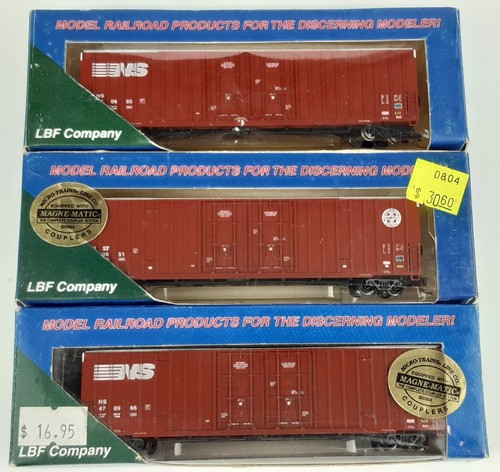 LBF 53FT BOX CARS X 3 NORFOLK SOUTH BNSF KNUCKLE COUPLERS VGC BOXED N ...