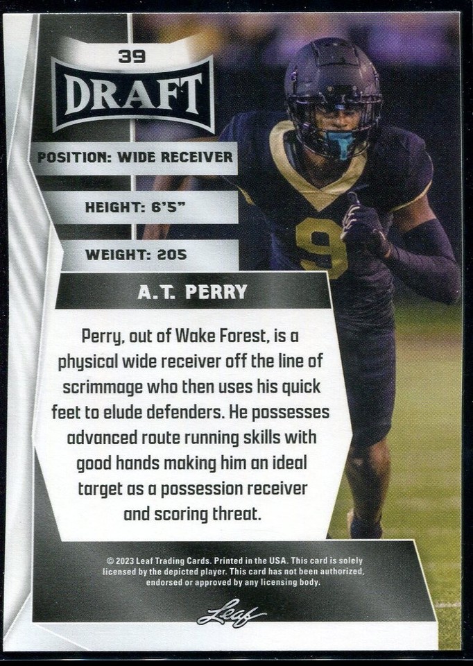 2023 Leaf Draft A.T. Perry #39 RC White New Orleans Saints | eBay