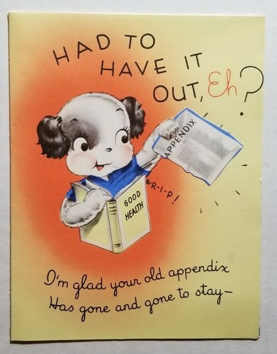 Vintage 1940 appendix removal greeting card cartoon dog unique rust ...