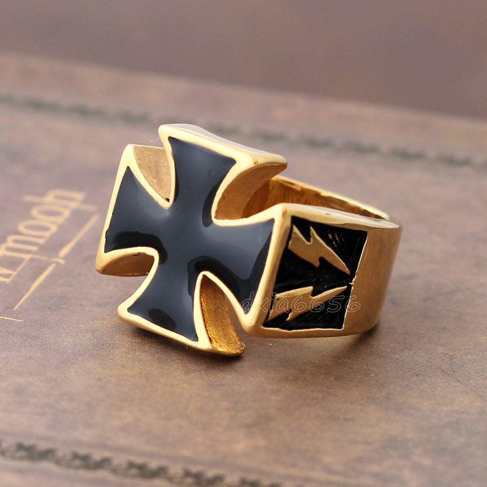 Men's Gold Black Knights Templar Iron Cross Pattee Stainless Steel ...
