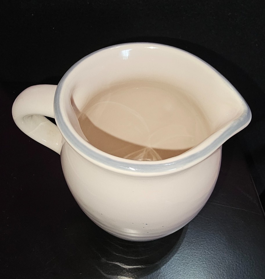 Pfaltzgraff Pink Aura Creamer Pitcher RETIRED Pink Blue Band Chunky | eBay