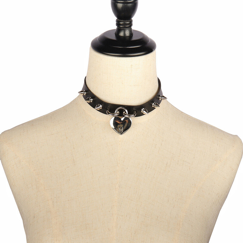 Punk Rock Love Lock Pendant Leather Collar Rivet Neckband Necklace ...