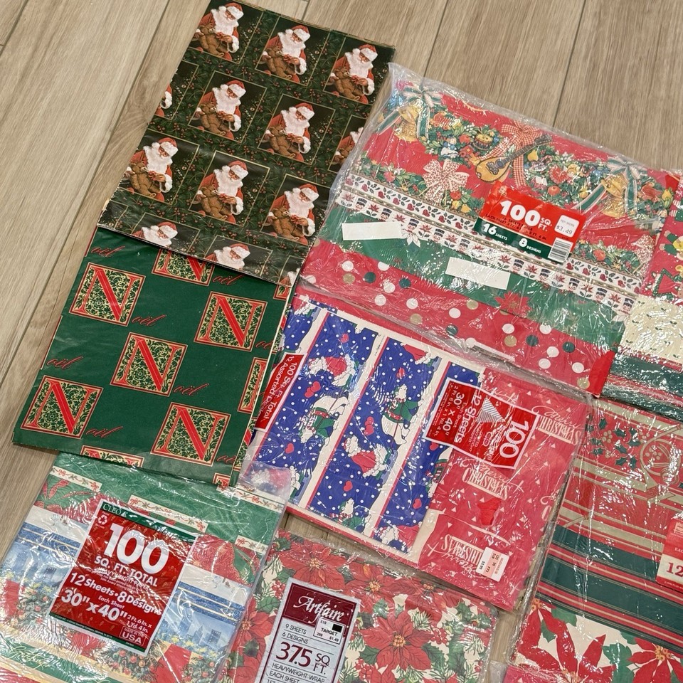 Vintage Wrapping Paper Sheets Christmas 800 Sq Feet 80s 90s Bells Bears ...