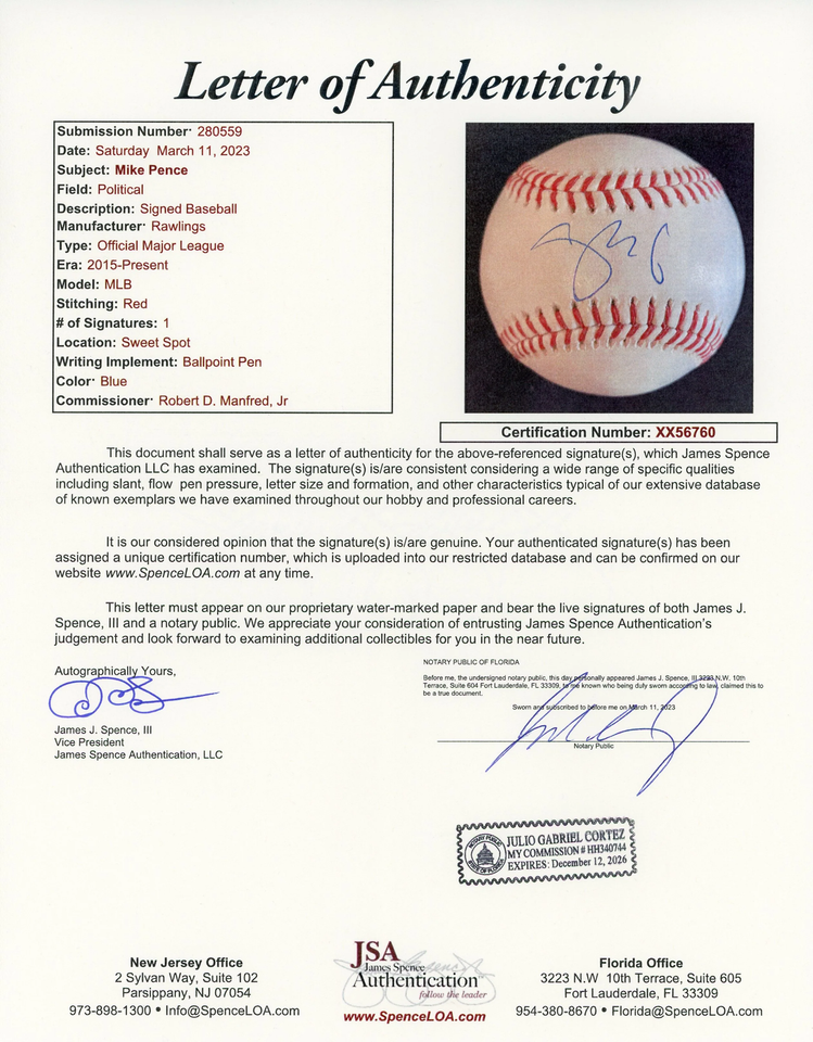 Mike Pence Autographed Official Major League Baseball (JSA) | eBay