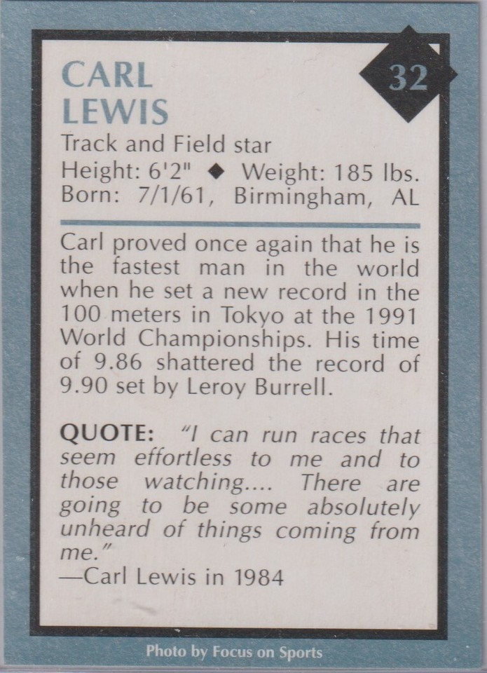 CARL LEWIS; 1991 TUFF STUFF, JR. MAGAZINE INSERT CARD No. 32 TRACK ...