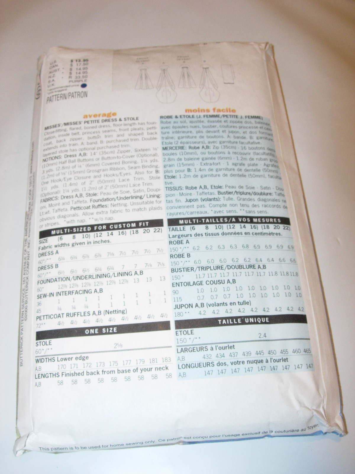 WOMENS CUT BUTTERICK Sewing Pattern 6925 WEDDING BRIDAL STOLE DRESS ...