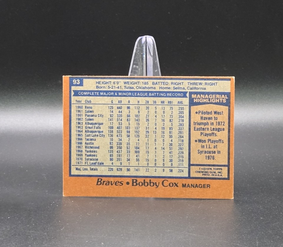 1978 Topps BOBBY COX Manager Rookie Card #93 NM-MT Atlanta Braves ...