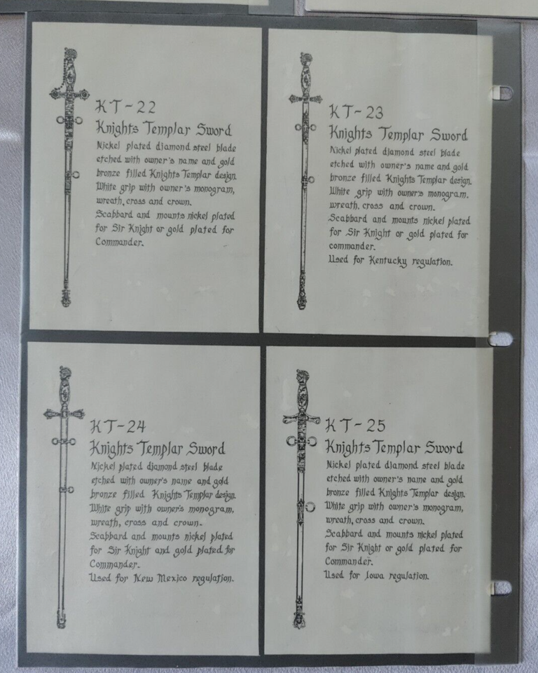 Knights of Templar, Scottish Rite, Regulation Swords - Spec sheets for ...