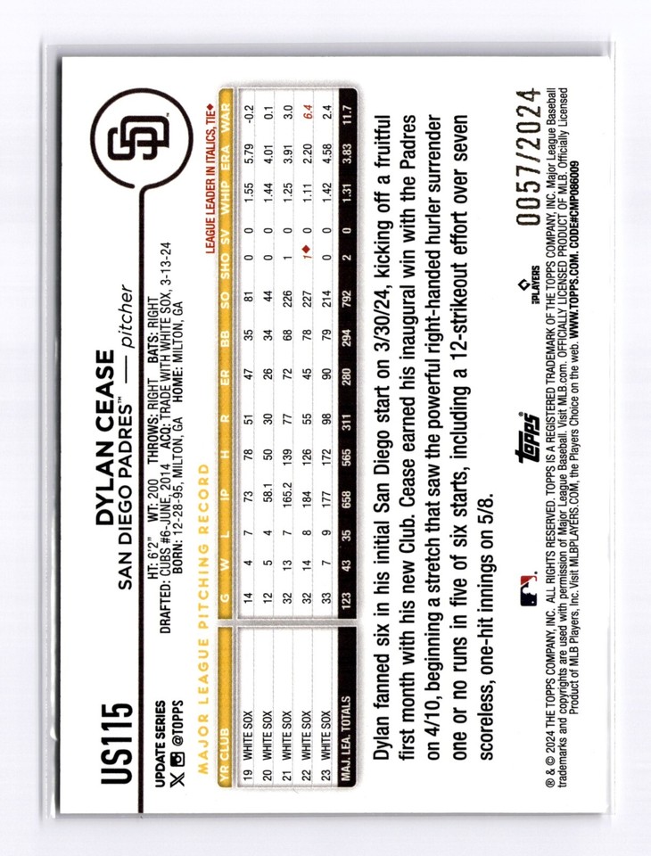 2024 Topps Update Series - Dylan Cease #US115 Gold /2024 Padres | eBay