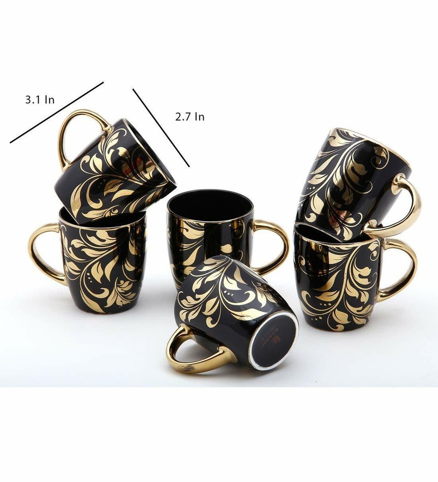 Tableware Black Gold Tea & Coffee Cup Set of 6 220 ml Large US | eBay