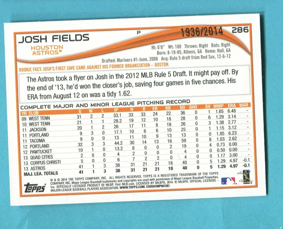 JOSH FIELDS HOUSTON ASTROS 2014 TOPPS GOLD BASEBALL CARD #286 SP #1936/ ...