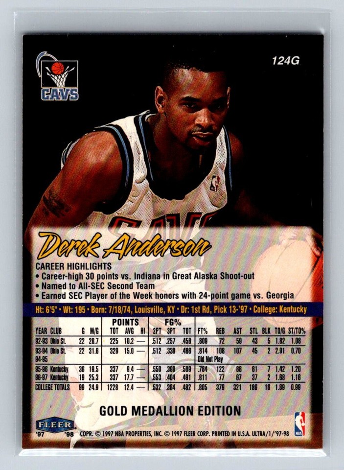 1997 Fleer Ultra Gold Medallion RC Derek Anderson #124 Cleveland ...