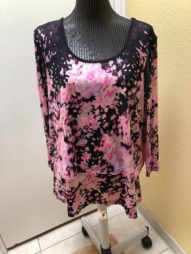 ECI Sz XL Blk/Pink Floral Pullover Scp Neck L/Slv Tiered/Layered Tunic ...