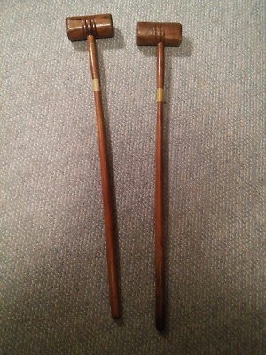 005 2 Antique Croquet Mallets Round Heads Wood Yellow Band 30-31 Inches ...