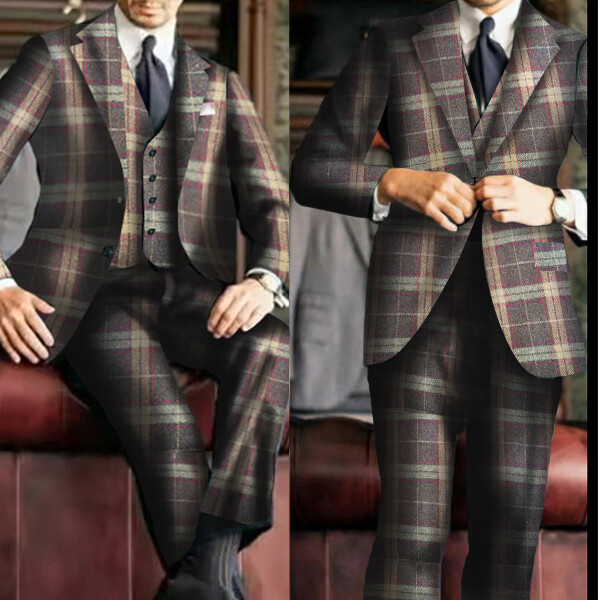 Checked Men Suits Regular Fit Single Breasted Wedding Tuxedo Notch ...