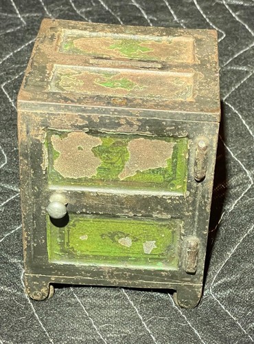 VINTAGE Cast Iron Coin Bank KEY Safe Bottom DOOR wheels rotate | eBay UK