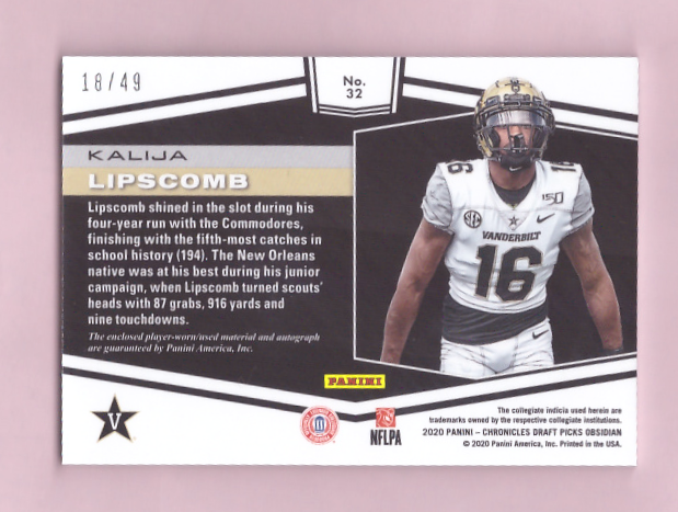 2020 Obsidian KALIJA LIPSCOMB Rookie Patch Auto Purple SP 18/49 ...
