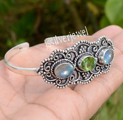 Peridot Cut & Labradorite Gemstone 925 Sterling Silver Cuff Bangle ...