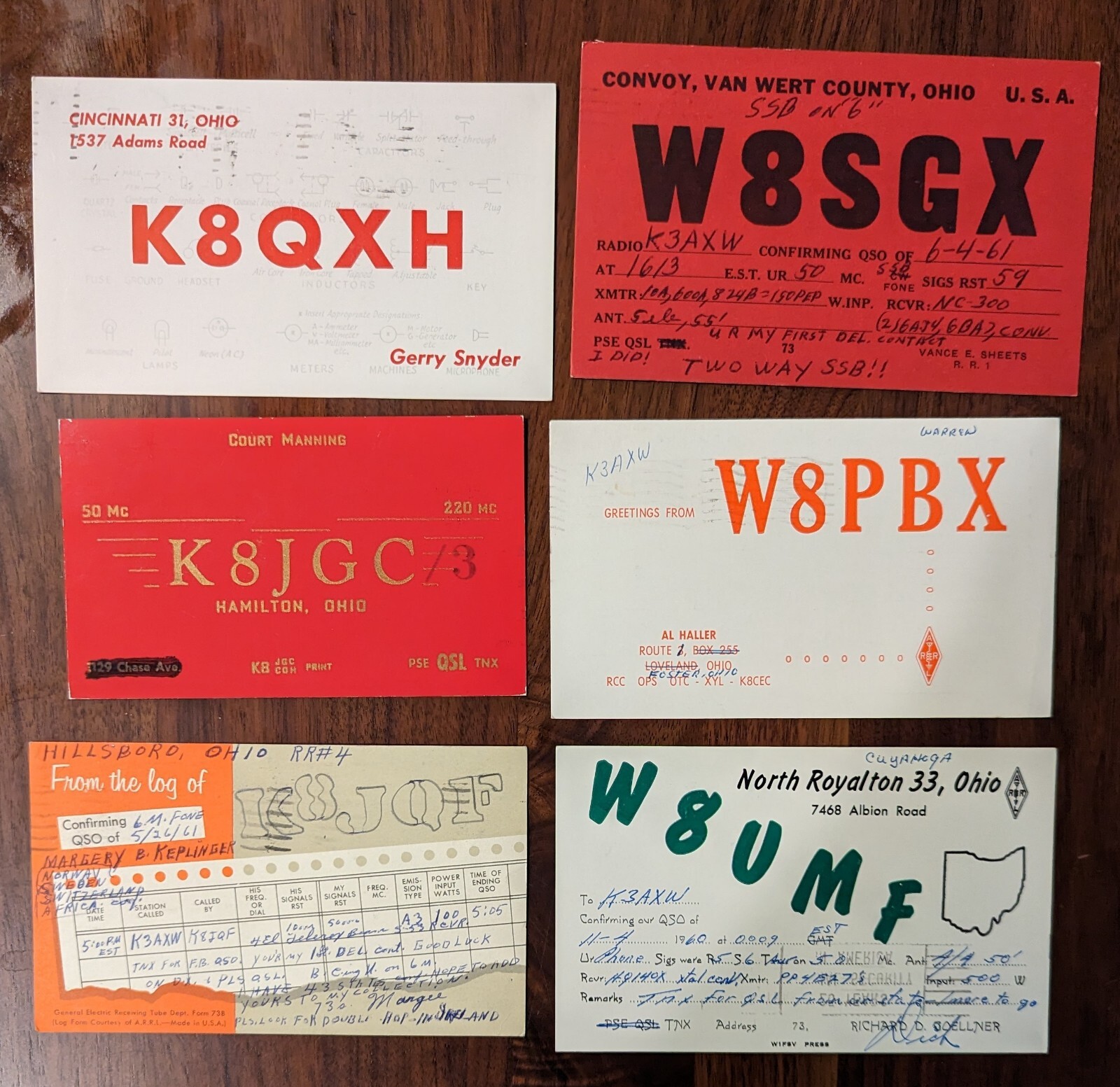 Lot of 6 1960s QSL Cards Ham Radio OHIO K8JGC K8QXH W8UMF W8PBX W8SGX ...