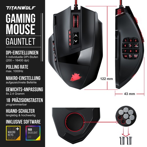 Titanwolf Gauntlet Laser Gaming Maus| 16400 DPI | LED | kabelgebunden ...