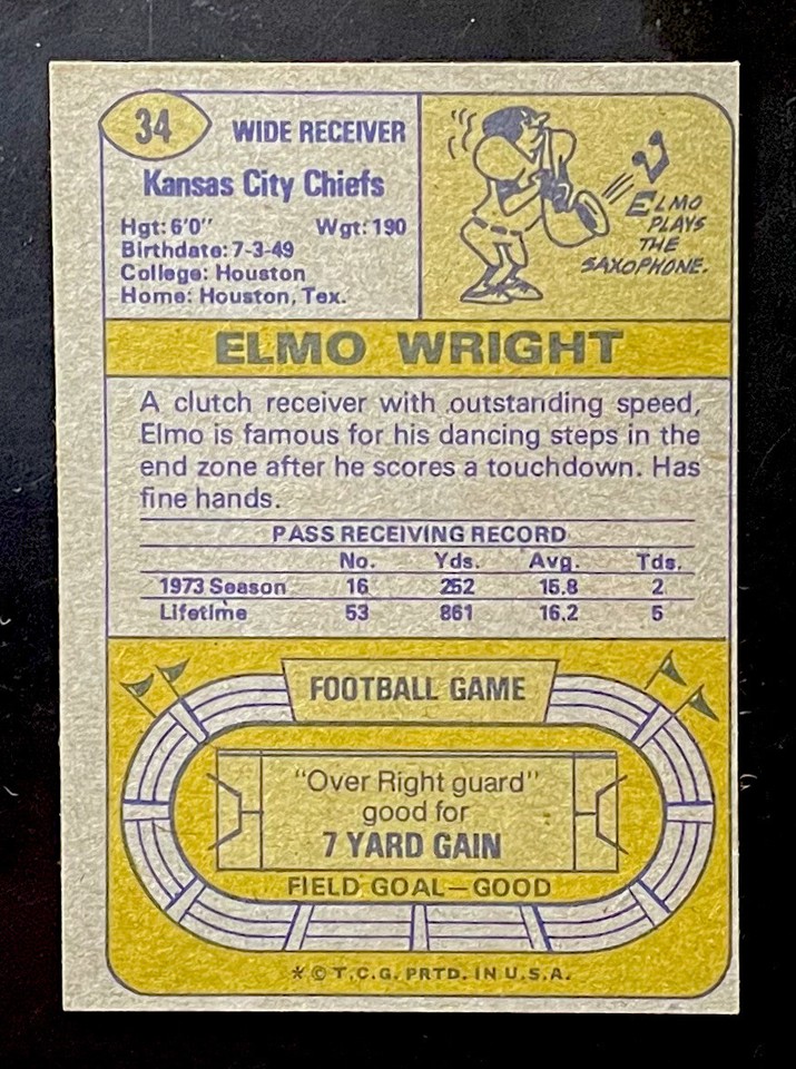 1974 Topps #34 Elmo Wright RC Kansas City Chiefs Vintage Rookie ...