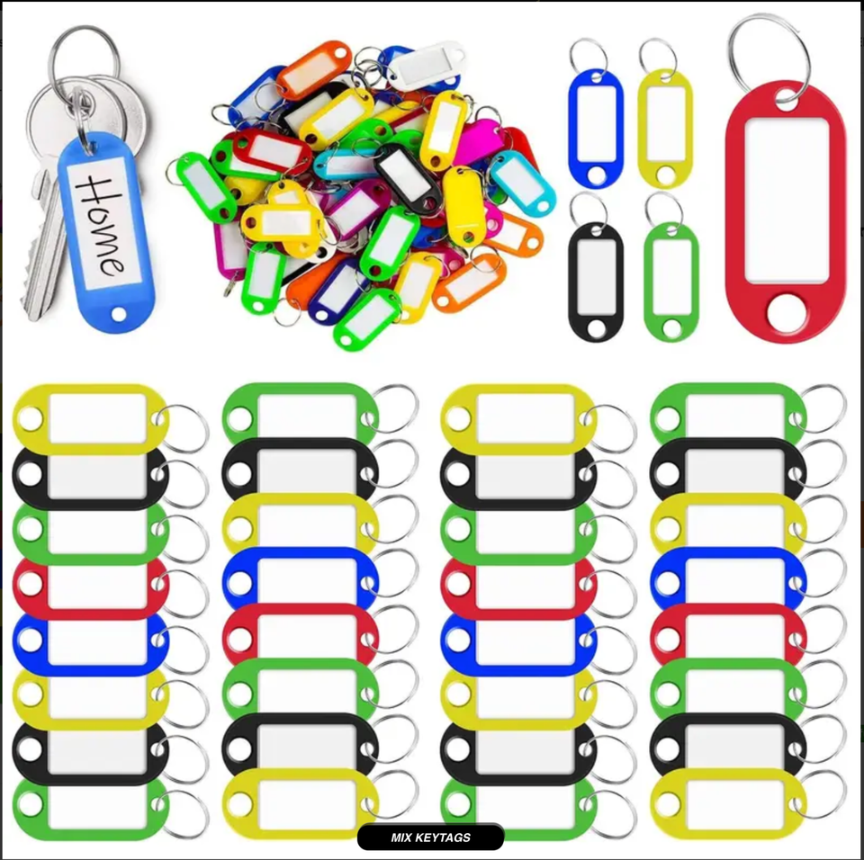 KeyTags with 10 Assorted Colors Plastic Key Rings ID Tags Name LABLE ...
