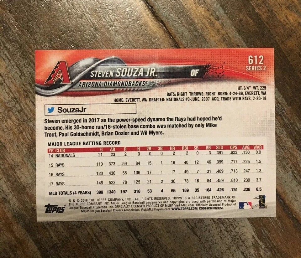 STEVEN SOUZA JR Signed 2018 Topps Series 2 Baseball Card #612 AZ DBACKS ...