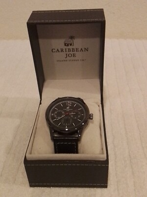 NIB CARIBBEAN JOE MENS MULTIFUNCTION Black LEATHER WATCH With Black ...