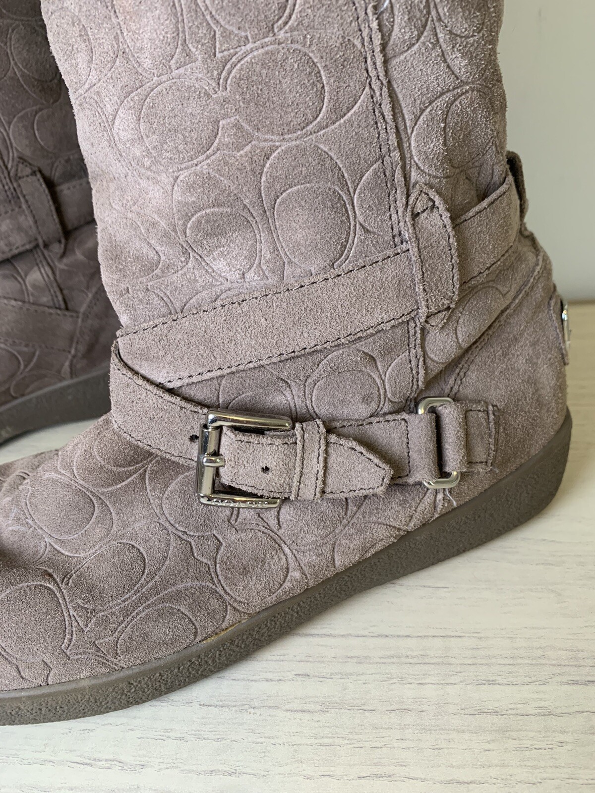 Coach Suede Classic Beige Monogram Boots Size 9.5 B E… - Gem