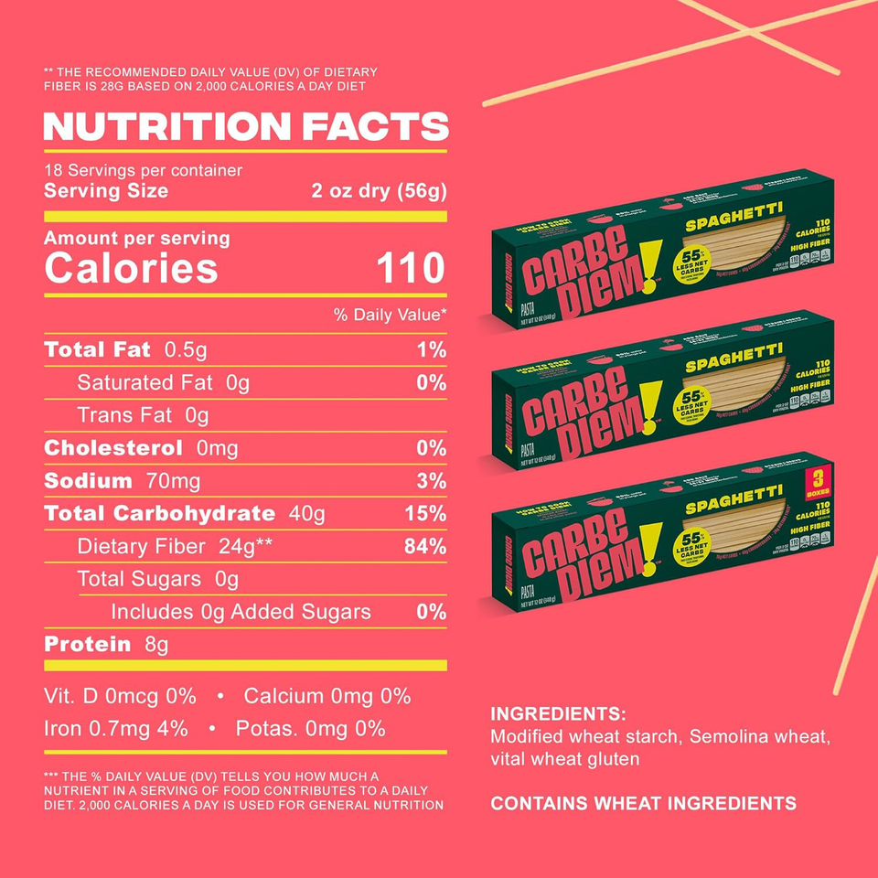 CARBE DIEM! Spaghetti | 3x 12oz Bags | Lower Net Carb Pasta with a ...