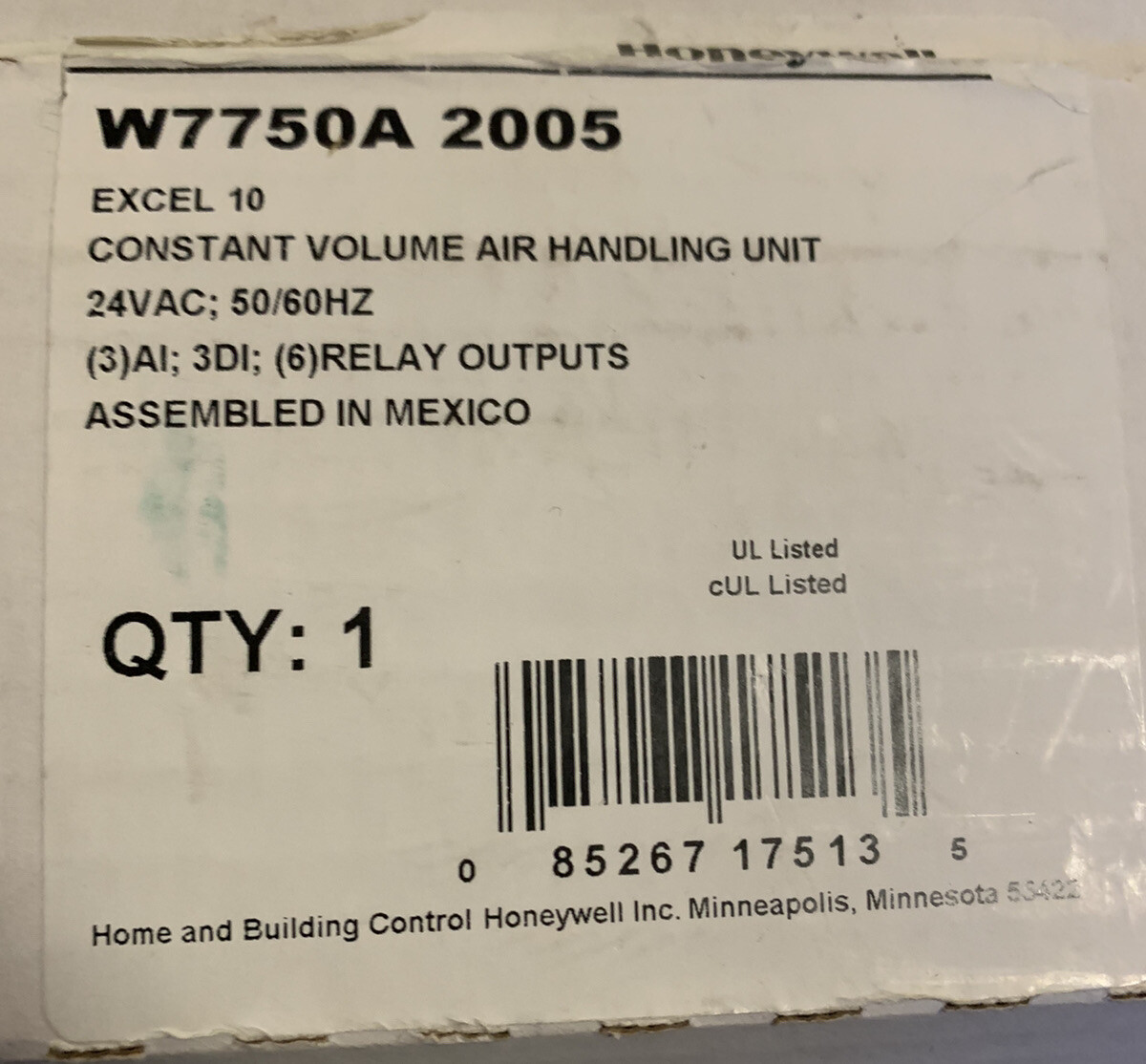 NEW Honeywell W7750A 2005 Excel 10 Constant Volume Air Handling Unt 24V ...