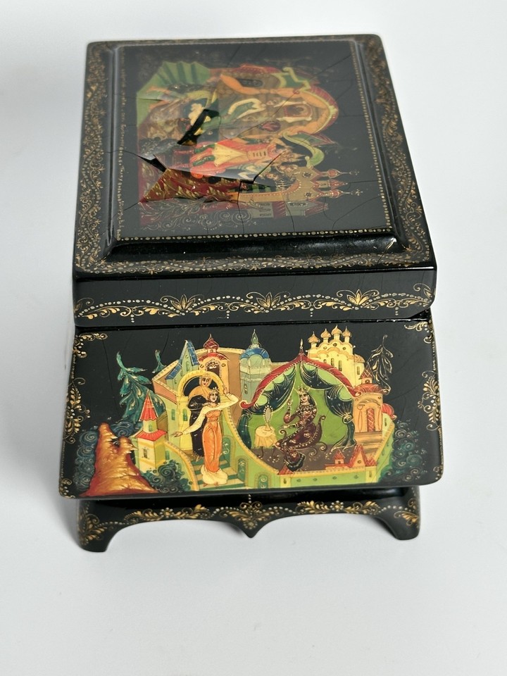 Palekh Russian lacquer box, Sleeping Princess and Seven Bogatyrs, 5 ...
