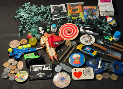 Vintage Junk Drawer Lot of Toys, Coins, Tokens, Pinbacks, Mini-Cars ...