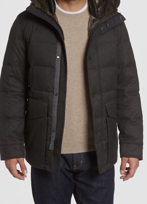 $498 Cole Haan Men's Black Faux-Fur Trim Mixed-Media Hooded Coat Jacket ...