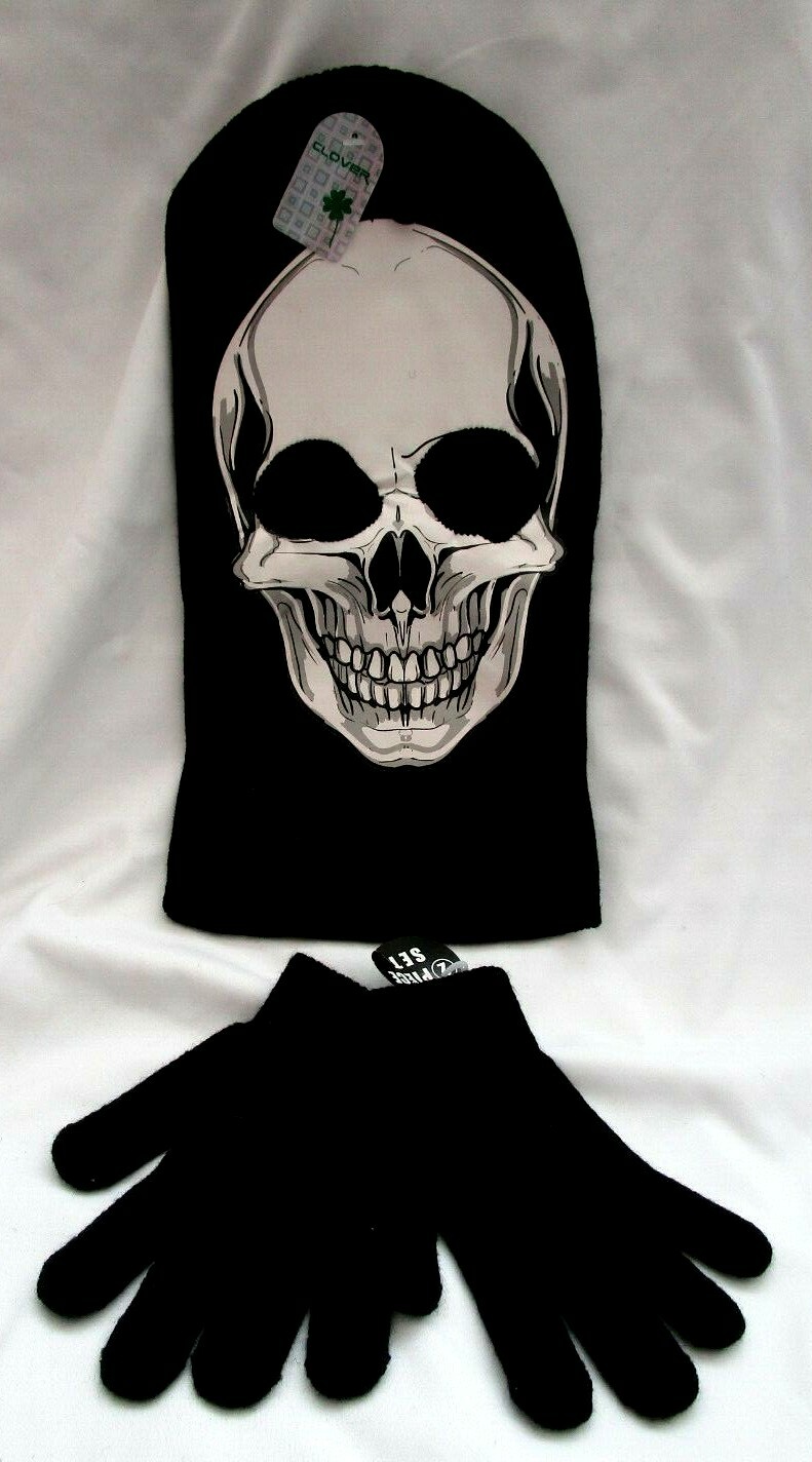 Halloween Smiling Skeleton Skull face Pull over mask+Black Gloves ...