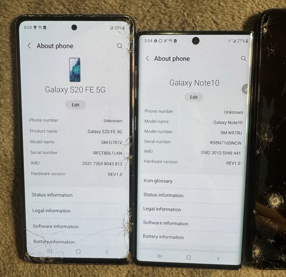 Lot of 5 Samsung Phones Galaxy Note10 SM-N970U SM-G781V SM-A326U SM ...