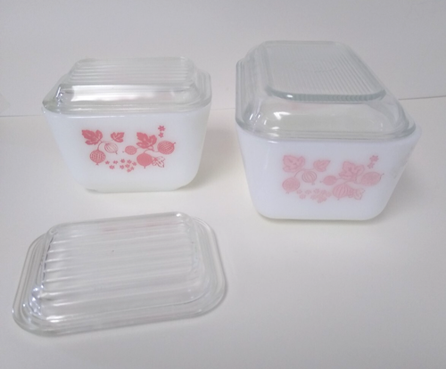 PYREX pink Gooseberry Oven/refrigerator dish 501 502 w/lids + extra lid ...