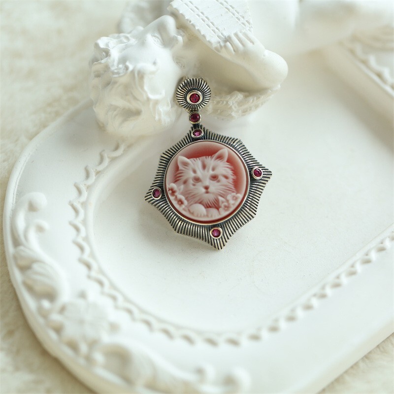 F18 Cat Kitten Cameo Pearl Agate Red Aureole Pendant Silver 925 | eBay