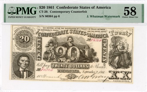 1861 $20 Confederate Currency CT-20. J. Whatman Watermark. PMG 40 | eBay