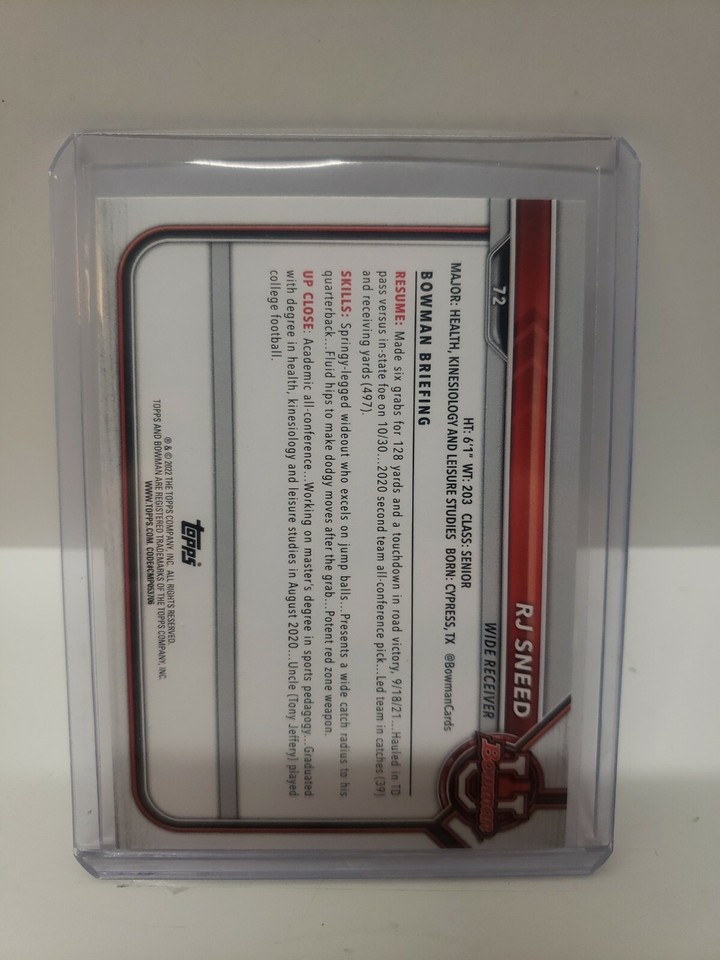 RJ Sneed 2022 1st Bowman University Football Prospect Rookie Card 72 WR ...