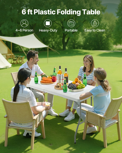 6 Ft Plastic Folding Table - Portable Picnic Utility Table with Handle ...