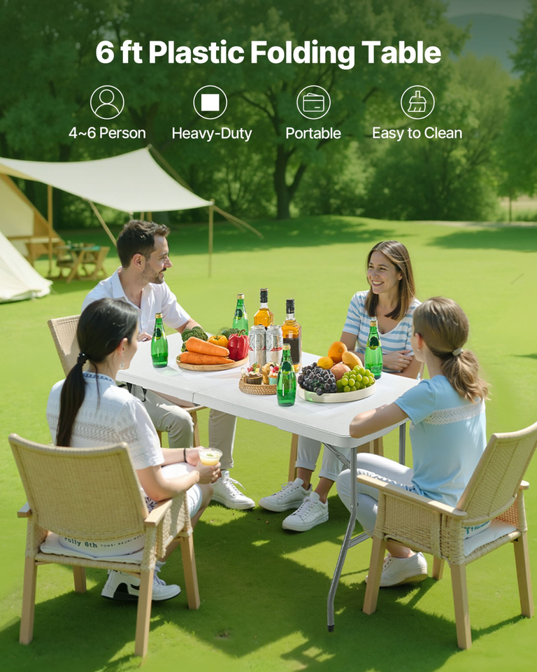 6 Ft Plastic Folding Table - Portable Picnic Utility Table with Handle ...