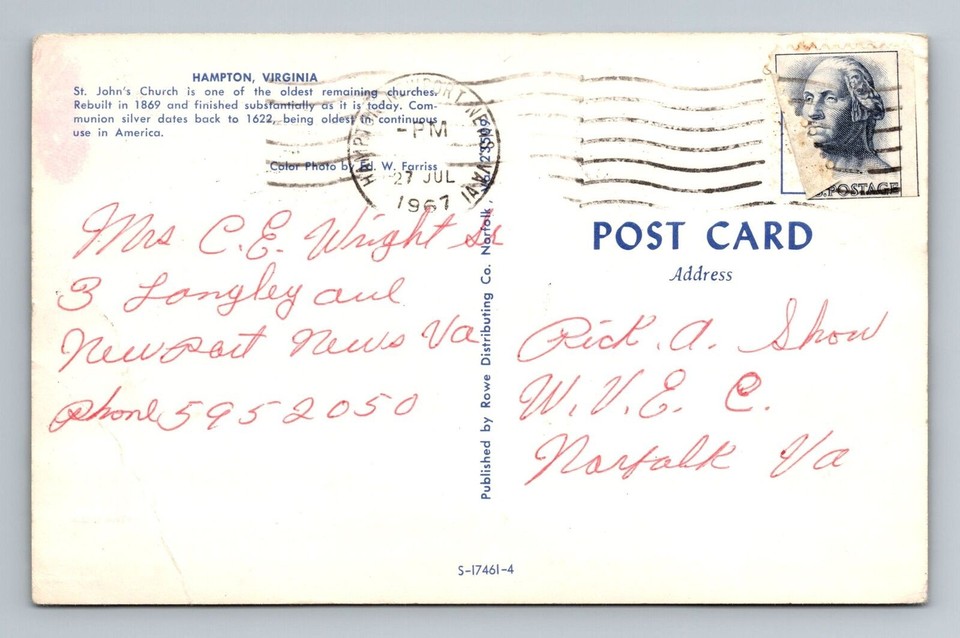 Hampton VA-Virginia, St John's Church, c1967 Vintage Postcard | eBay