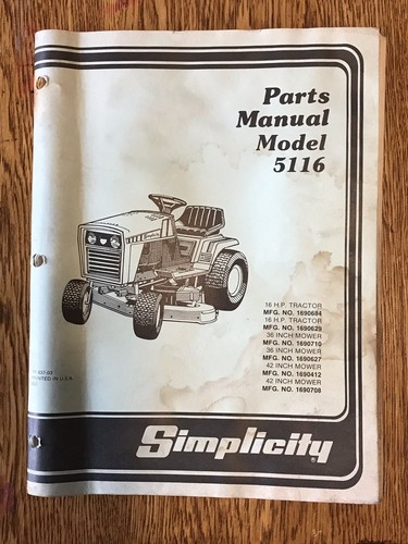 Simplicity 5116 Lawn Garden Tractor Parts Catalog Manual TP-837-03 | eBay