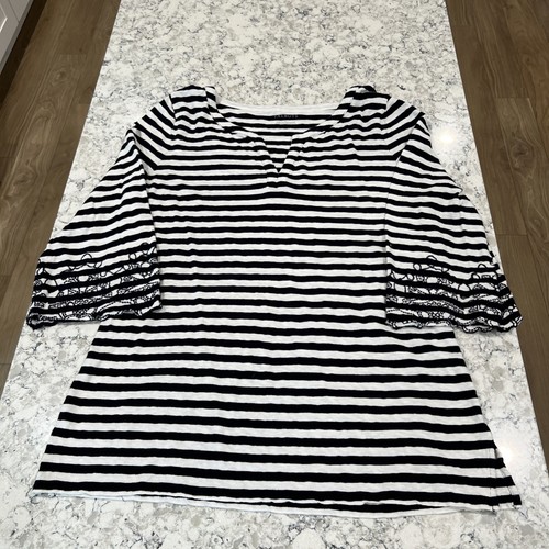 Talbots Black and white stripe split neck 3/4 sleeve cotton blouse | eBay