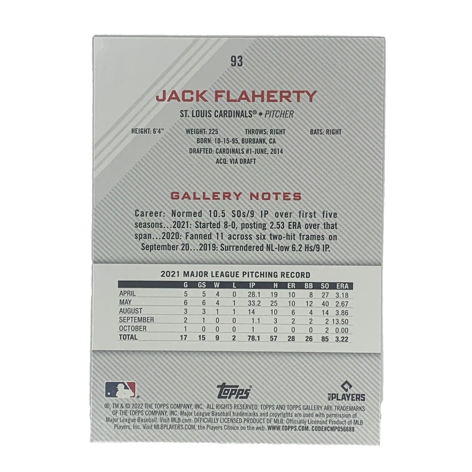 2022 TOPPS GALLERY Baseball JACK FLAHERTY Card #93 St. Louis Cardinals ...
