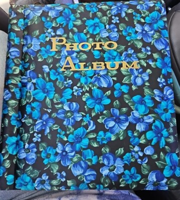 RARE VTG Floral PHOTO ALBUM BOOK Blue Green Flower 60's 70's satin ...