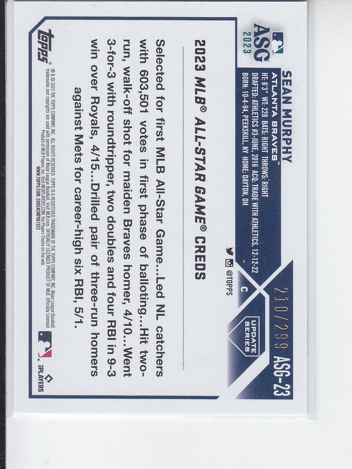2023 Topps Update Sean Murphy All Star Game Black /299 Braves ASG-23 | eBay