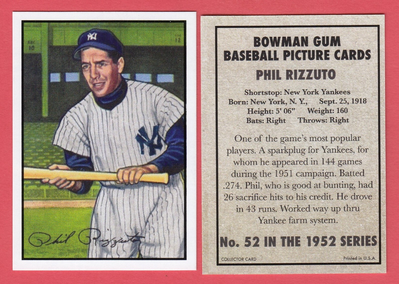 1952 Style Baseball Collector Card # 52 Phil Rizzuto -- New York ...