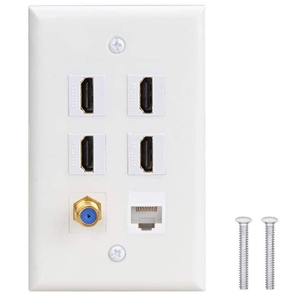 Coax Wall Plate 4 HDMI Cat6 Ethernet Cable TV F Type Port Female ...